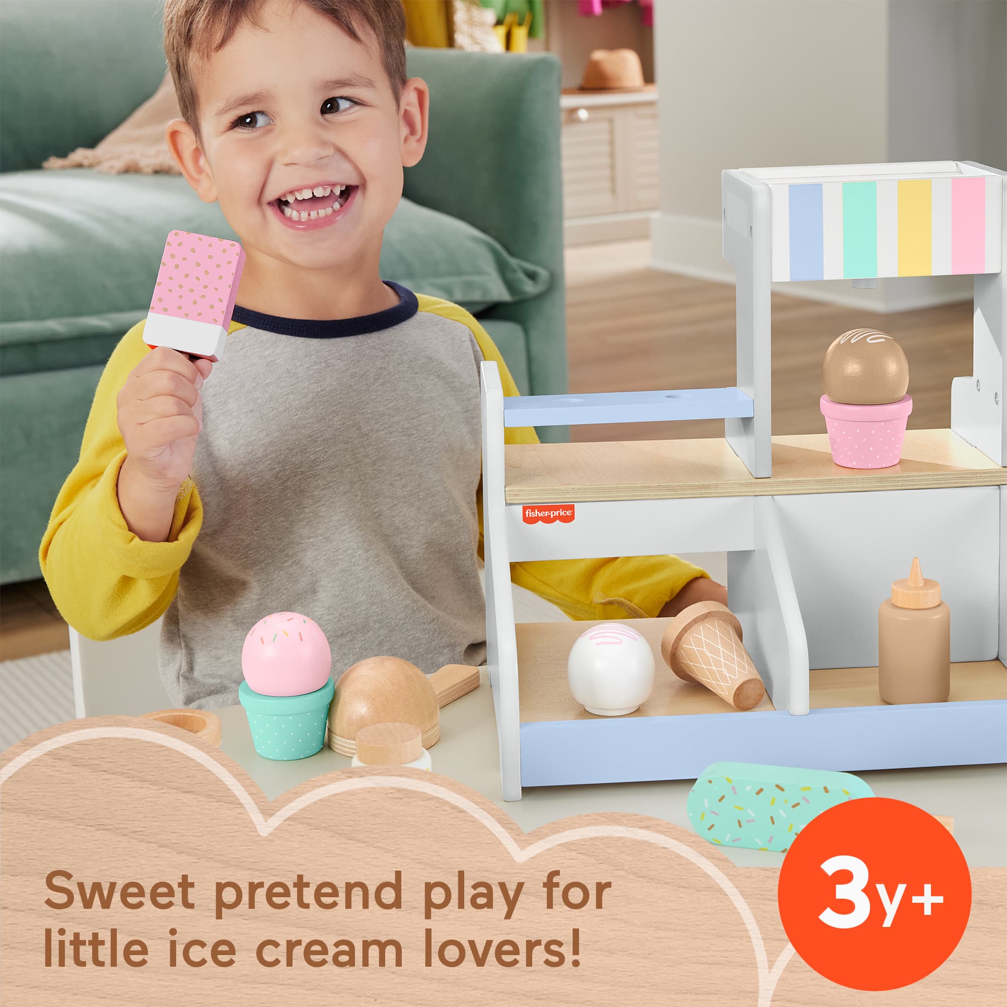 Fisher Price Wooden Ice Cream Shop Set For Preschool Pretend Play 18 Wood Pieces